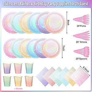 Iridescent Pastel Plates and Napkins Serve 25, Pastel Rainbow Holographic Party Plates Supplies, Disposable Paper Plates Napkins Cups Knives Forks for Birthday Wedding Baby Shower Party Decorations