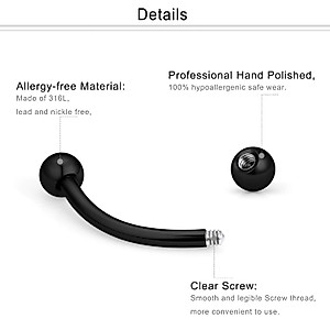 Dyknasz Eyebrow Ring Bar 16G Stainless Steel Curved Barbell Clear Diamond CZ Tragus Helix Piercing Body Jewelry Bioflex Retainer for Women Men Girls Screw Ball Spike 12 Pieces Black