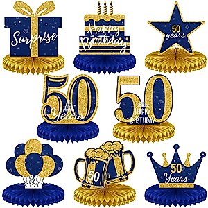 Spakon 8 Pieces 50th Birthday Decorations Glitter 50th Happy Birthday Honeycomb Centerpieces for Tables Fifty Years Blue and Gold Party Decorations Men and Woman Birthday Decorations
