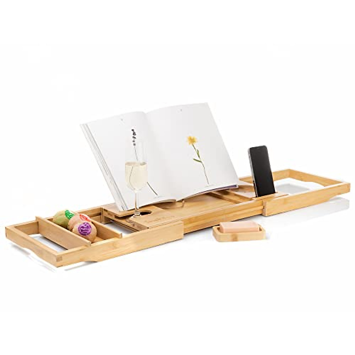 TranquilBeauty Premium Bath Caddy | Bath Board with iPad, Tablet, and Phone Stand | Extendable Wooden Tray Bath Rack