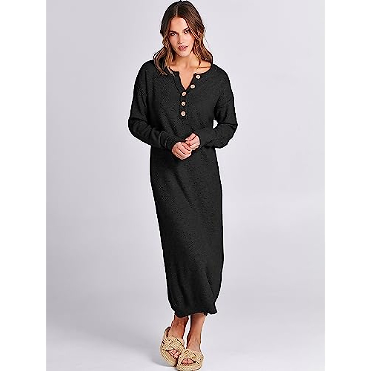 ANRABESS Women Sweater Maxi Dress Long Sleeve Button V Neck Oversized Casual Loose Waffle Knit Fall Long Midi Sweater Dress 2023 Trendy Outfits 1130heise-L Black