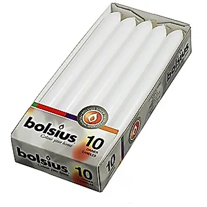 BOLSIUS White Dinner Candles - 10 Pack Unscented 9 Inch Straight Taper Candle Set - 8 Hour Burn Time - Premium European Quality - Smokeless And Dripless Household, Spa, Wedding, And Party Candlesticks