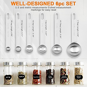 Sieqioor Durable Stainless Steel Metal Measuring Spoons Set for Dry or Liquid, Small Tablespoon, Teaspoons, Set of 7 Including Leveler, Etched Markings and Removable Clasp, Fits in Spice Jar