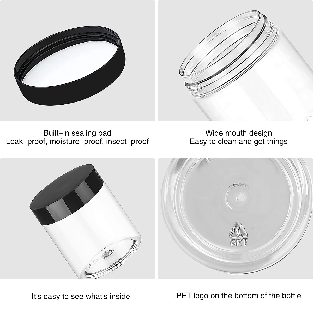 Hajoyful Plastic Jars with Lids 4OZ 48PCS,Small Cosmetic Slime Containers Clear Travel Round Jars Empty Refillable Sample Containers Leak Proof Pot Jars with Black Lids for Lotion, Cream, Cosmetics