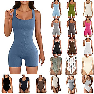 anuyalue Womens Yoga Romper Bodysuit for Women Tummy Control Ribbed Jumpsuit Sleeveless Seamless One Piece Bodycon Shapewear Workout Sets Women, A01-navy, 3X-Large