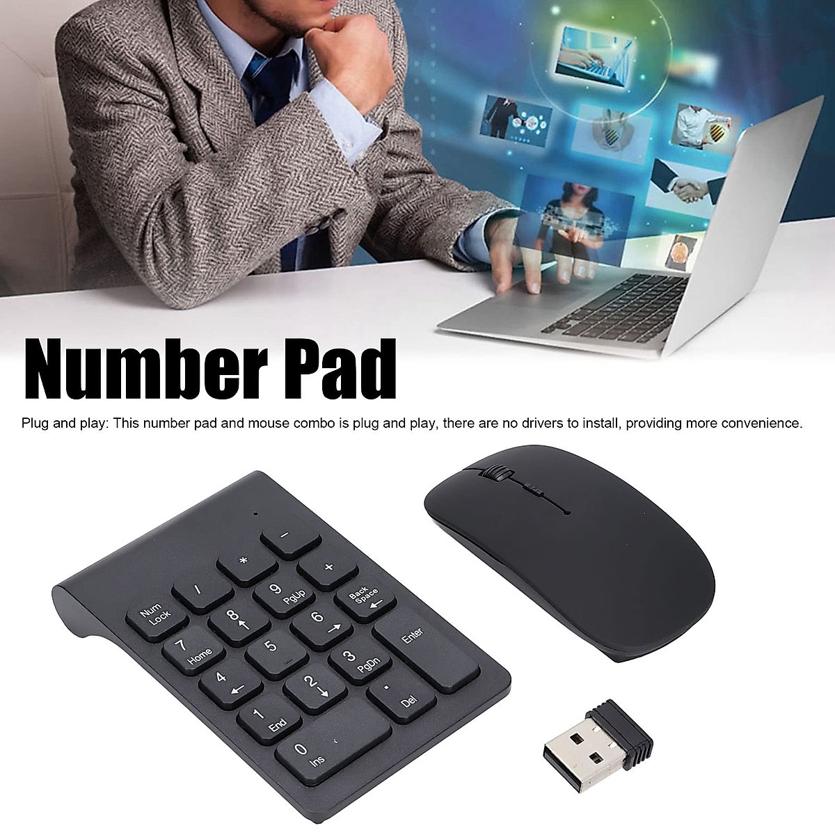 2.4GHz 1200 DPI 18 Key Number Pad Number Pad Mouse Combo Sensitive Remote Technology Plug and Play for Home Office