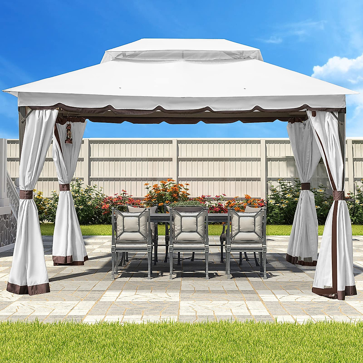 MEWAY Patio Gazebo 10x13 Gazebo with Mosquito Netting Aluminum Outdoor Gazebo Canopy with Curtains for Backyard Lawn Garden Deck, White Brown