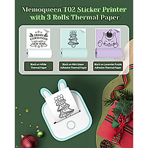 Memoqueen Pocket Sticker Printer T02 Portable Bluetooth Thermal Photo Printer with 3 Rolls Paper for Journal, Memo, Photo,DIY Scrapbook,Travel,Children Women Gifts,Compatible with iOS&Android,Green