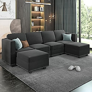 Mjkone Modular Sectional Sofa with Adjustable Armrest and Backrest for Living Room，U Shaped Couch 6 Seater Convertible Sectional Couch with Storage Ottoman -Dark Grey
