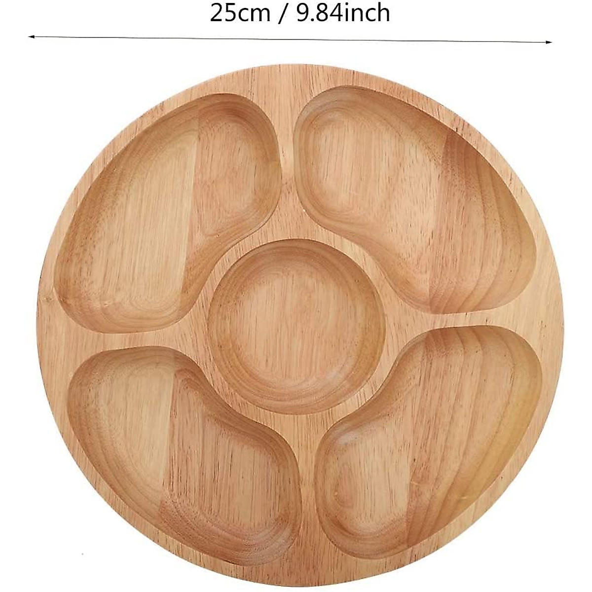 5 Sectional Round Serving Tray Sectional Tray, Wooden Divided Serving Platter/Tray Chip and Dip Bowl Fruit Dessert Dish Tableware Tray (25cm)