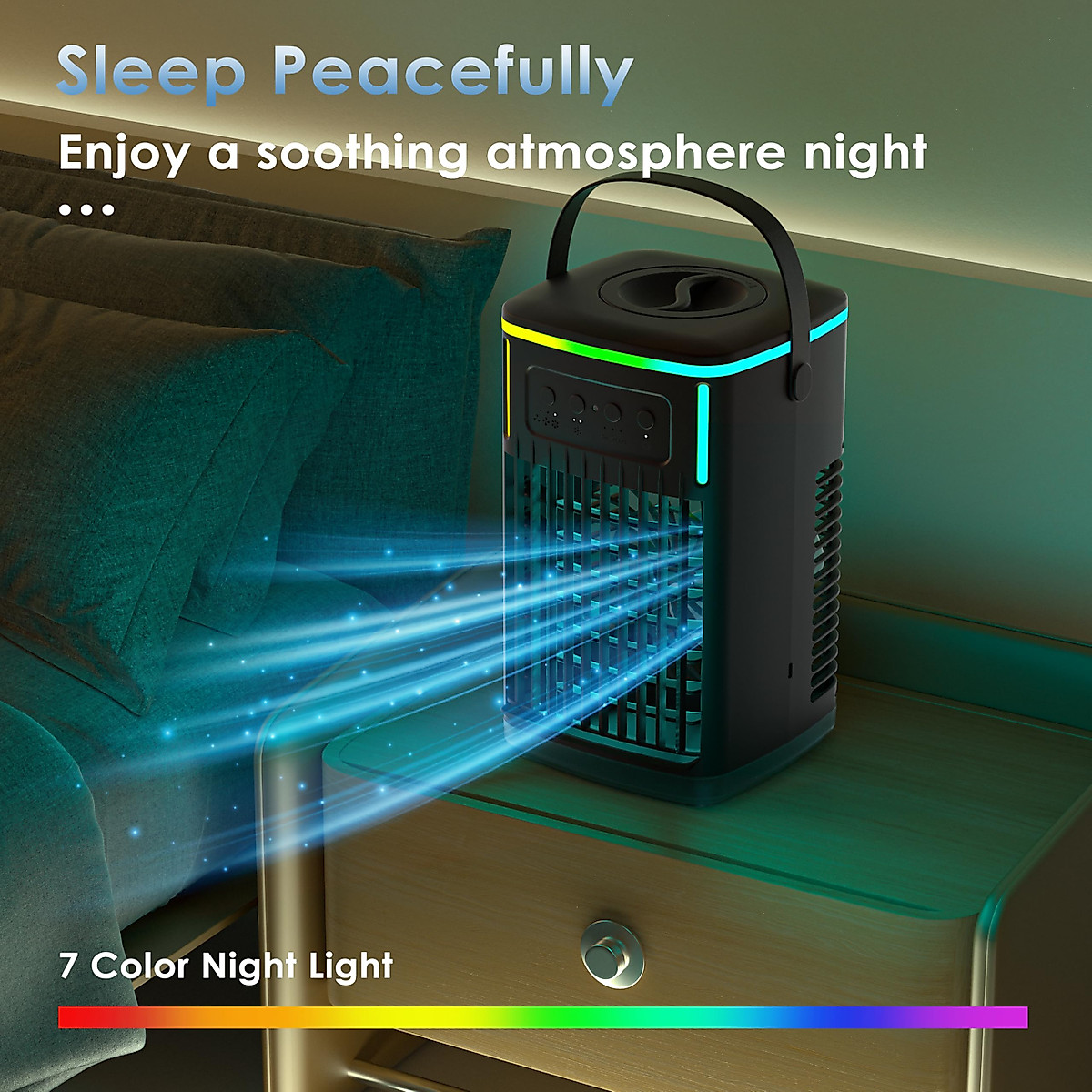 Portable Air Conditioners Fan,Portable Dual Nozzle Air Conditioner Fan, 1500ML Cooler with Remote, 3 Speeds & 1H/3H/6H Timer, 7 LED Colors, Perfect for Home/Office (Black)