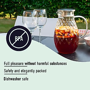Borosilicate Glass Pitcher with Lid and Spout - 68 Ounces Cold and Hot Water Carafe with Unique Diamond Pattern, Beverage Pitcher for Homemade Iced Tea and Juice.