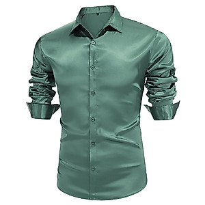 URRU Men's Luxury Shiny Silk Like Satin Dress Shirt Long Sleeve Slim Fit Casual Muscle Button Up Shirts Light Green L