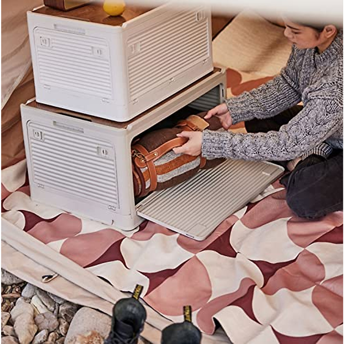 Radefasun Foldable Storage Bins with Wood Lids Plastic Collapsible Storage Box with Cutting Board Portable Stackable Grocery Container Folding Latching Storage Crate with Removable Pulley (L, Khaki)