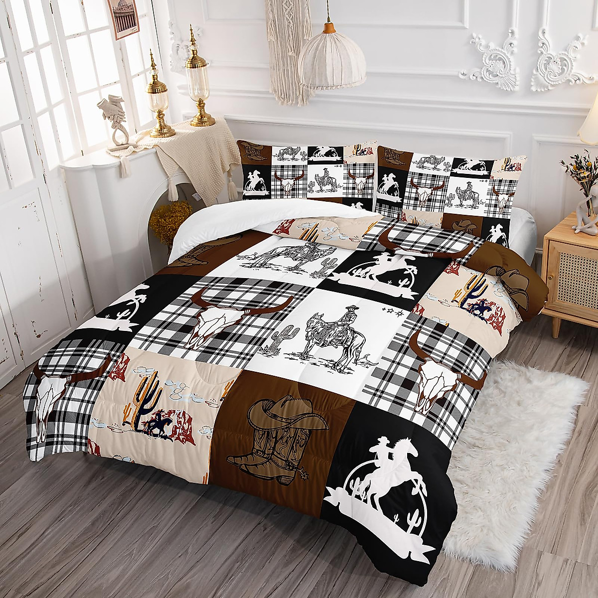 Ntlfup Western Cowboy Comforter Set Queen Size, Bull Skull and Horse Print Quilt Set with 2 Pillowcases, Bedroom Decor for Kids Boys Teens