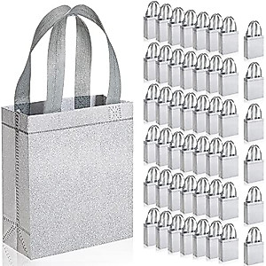 Woanger 48 Pack Christmas Reusable Gift Bags Metallic Tote with Handles Glitter Gift Bags Bling Non Woven Bags for Wedding Birthday Bridesmaid (Silver, 6.5 x 3.1 x 7.8 Inch)