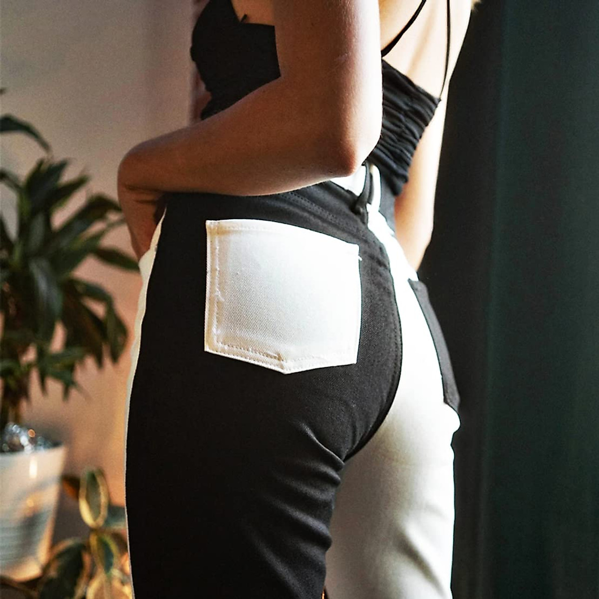 Ufehaho Women's High Waist Two Tone Color Block Jeans Straight Leg Stretchy Denim Pants