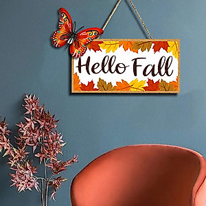 Hello Fall Sign Wall Decor 14" Autumn Harvest Thanksgiving Maple Leaf Sign Rustic Hanging Decorations in Home Art for Front Porch Door Plaque