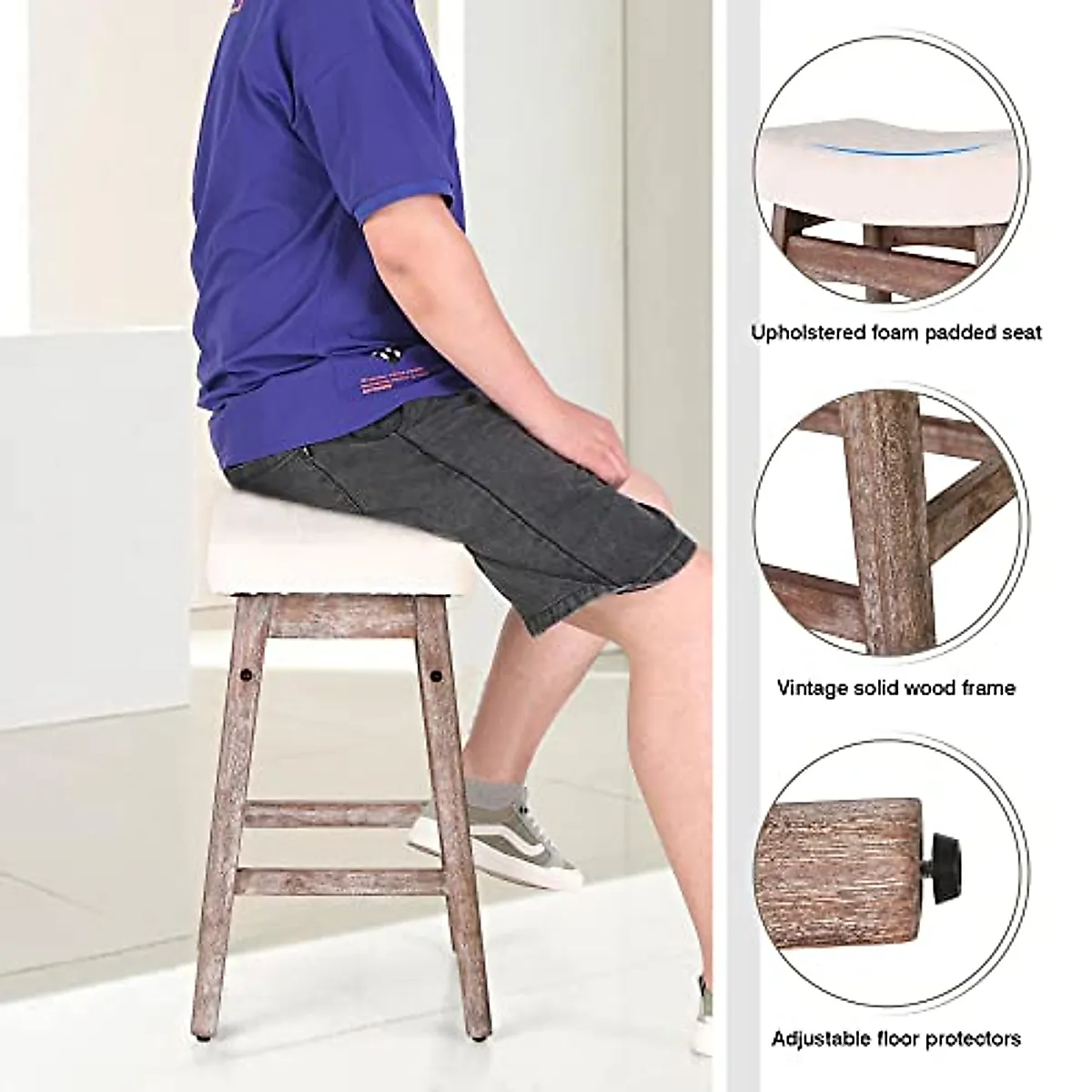 Sophia & William White Bar Stools Set of 2, Counter Height Modern Bar Stools with Linen Fabric Seat & Solid Wood Legs, 24 inch Bar Chairs