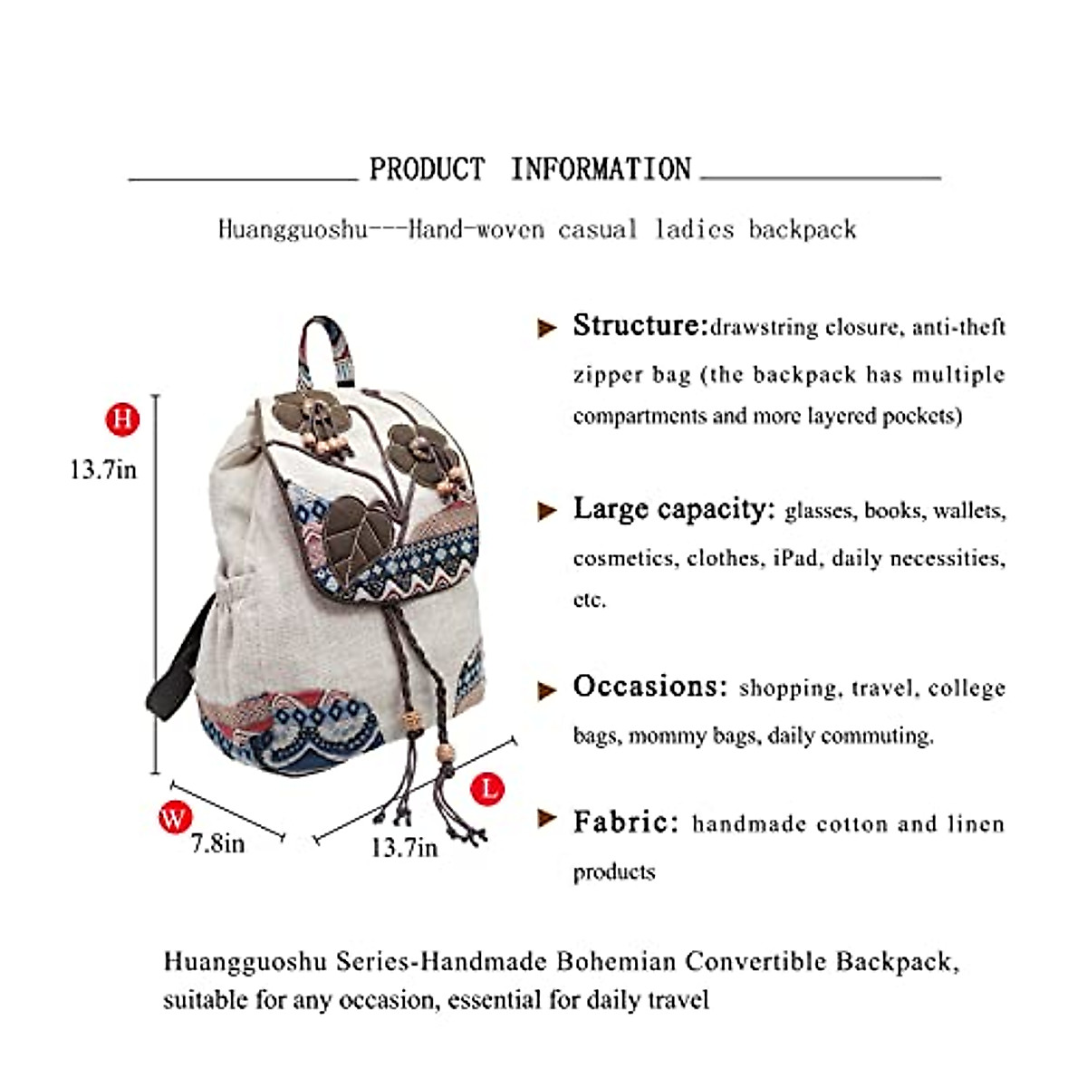 HUANGGUOSHU Backpack Purse For Women Casual Vintage Drawstring Anti-theft Back Pack Hippie Travel Boho Hand-Held Flap Hand-Embroidered Backpack, 13.7*13.7*7.08 inches