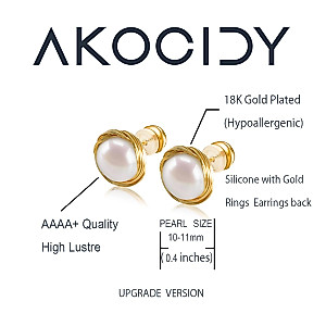 18K Gold Plated Freshwater Cultured Pearl Stud Earrings | Real Pearl Earrings - AKOCIDY
