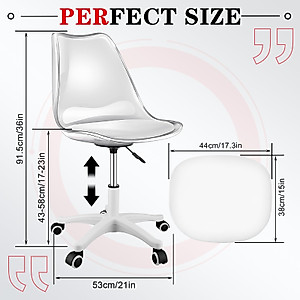 1 Pack Clear Rolling Desk Chair Acrylic Desk Chair Height Adjustable Home Vanity Chair Swivel Plastic Clear Chair with Wheels Acrylic Office Chair for Small Space Home Office(Clear, White)
