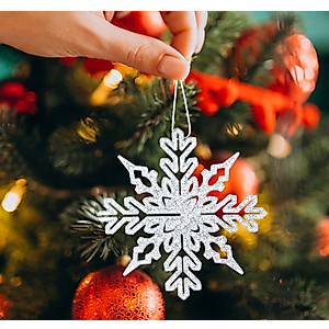 36Pcs Plastic Snowflake Ornaments, Christmas Silver Glitter Snowflake Hanging 4 Inches Large Snowflake Pendants Decorations for Christmas Tree Window Wedding Embellishing Party Decorations(Silver)