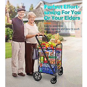 Shopping Cart, 350 lbs Black Super Capacity Grocery Cart on Wheels Jumbo Double Basket Folding Shopping Cart with 360° Rolling Swivel Wheels Utility Shopping Carts for Groceries Luggage Laundry