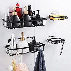 RISETEX Adhesive Shower Caddy,Bathroom Shower Organizer and Soap Dishes with Hooks,No Drilling Traceless Rustproof Bathroom Storage Wall Shower Organizer for Bathroom Toilet Kitchen RVs (Black 4)
