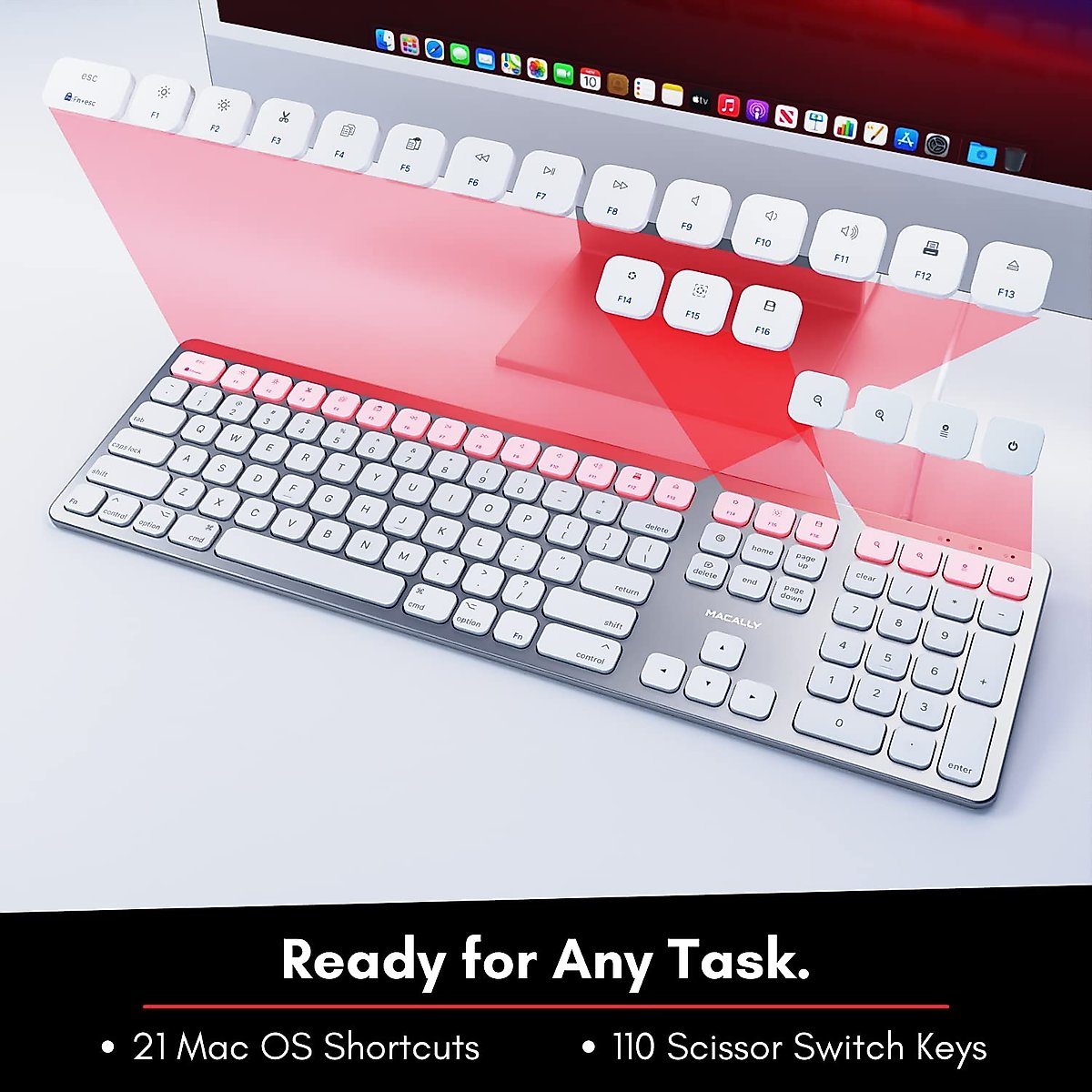 Macally Wired Keyboard for Mac - Compatible Apple Keyboard with USB Ports for Mouse - Full-Size Mac Keyboard with Number Pad - Plug & Play Keyboard for MacBook Pro/Air, iMac - Aluminum Frame