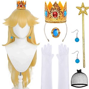 Anogol Hair Cap+ (8 Pcs Set) Princess Wig For Women Golden Long Wavy Wig Peach Cosplay Wig Anime Synthetic Wig For Halloween Party Costume Wig (1 Crown+ 1 Wand+ 2 Earrings+ 2 Gloves+ 1 Brooch)