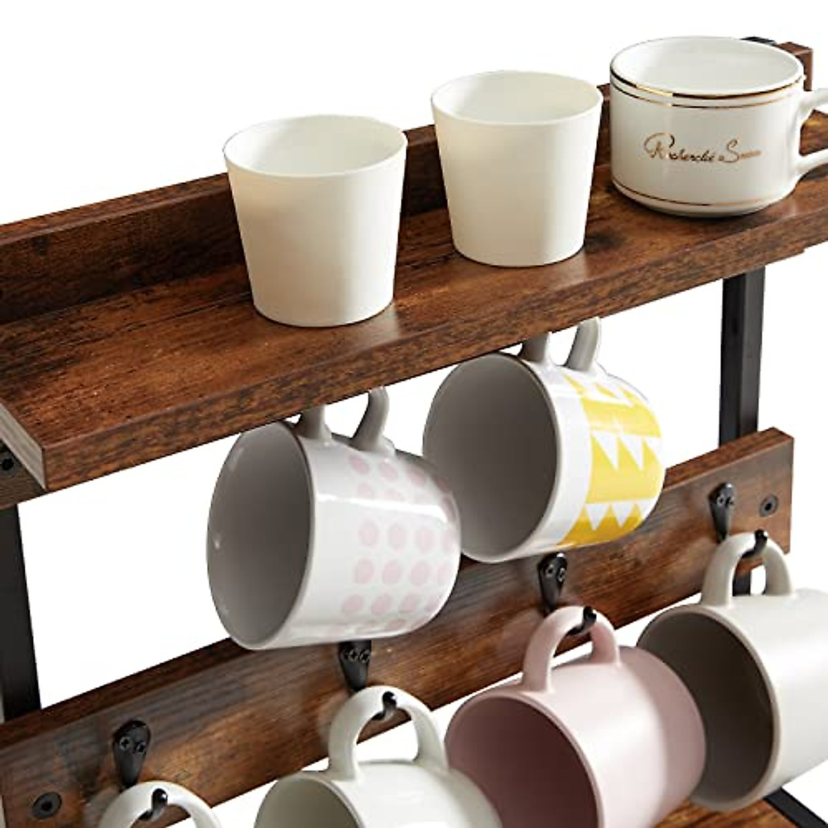 IBUYKE Rustic Coffee Mug Holder Stand, 2 Tier Countertop Mug Tree Holder Rack with Storage Base, Vintage Mug Holders for Kitchen, Holds 8 Mugs, Rustic Brown UTBJ002H
