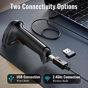 Tera Barcode Scanner Wireless Versatile 2-in-1 (2.4Ghz Wireless+USB 2.0 Wired) with Battery Level Indicator, 328 Feet Transmission Distance Rechargeable 1D Laser Bar Code Reader USB Handheld (Black)