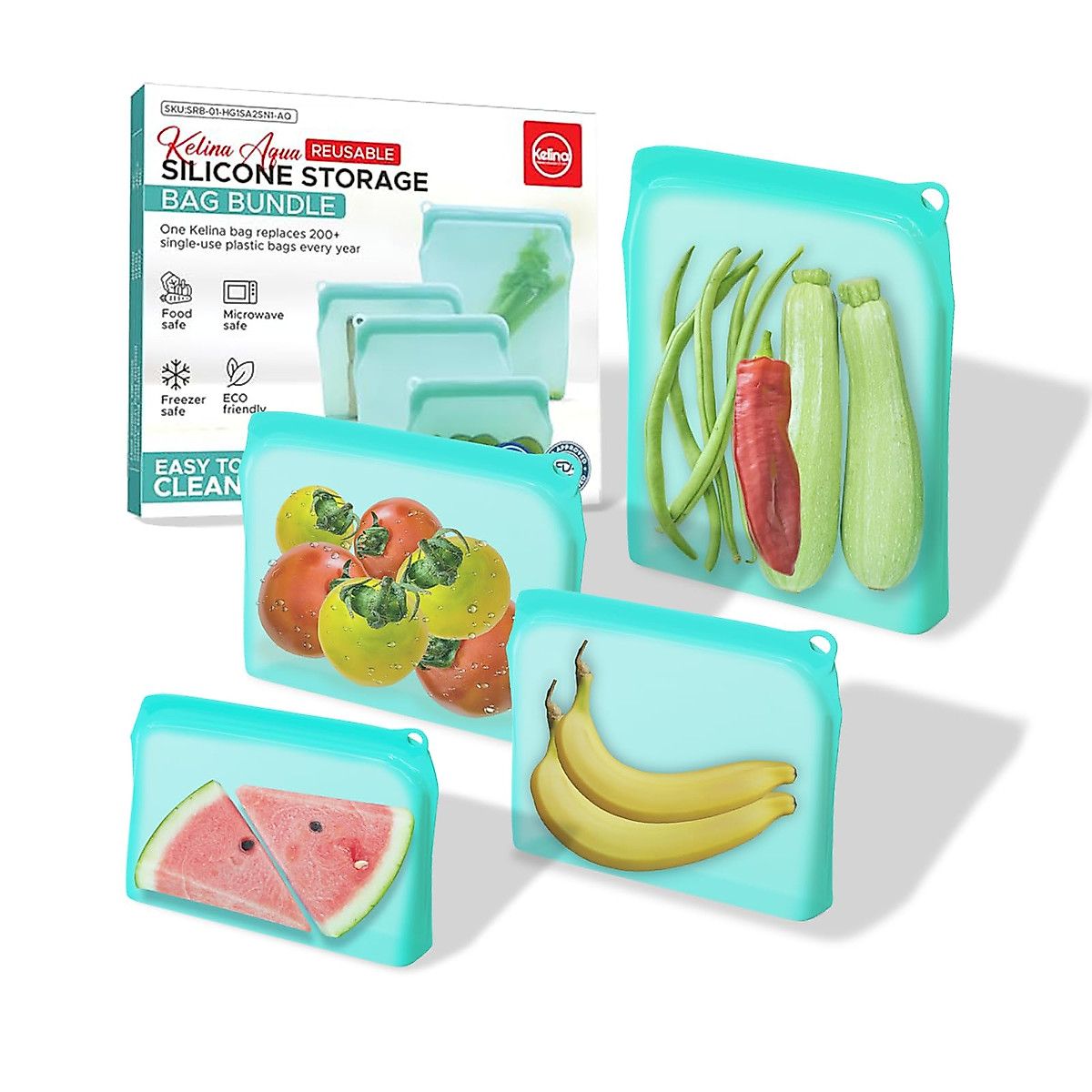 Kelina 4-Packs Reusable Silicone Storage Bag,Food Storage Container Set,Microwave and Dishwasher Safe,Leak-free,Aqua
