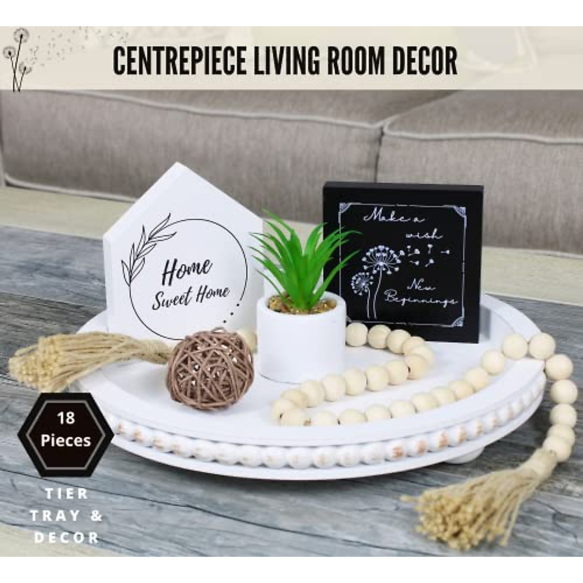 Mahinoko 18 PCs Farmhouse Tiered Tray Stand with Tier Tray Decor - Incl 2 Artificial Succulent Plants - Housewarming Gift New Home Sweet Home - Kitchen Decor Tier Tray Decor Set