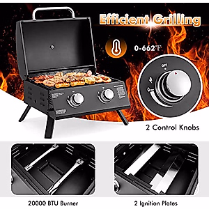 Grill Portable Gas Grill, Small Foldable Tabletop Propane BBQ Griddle w/Grease Tray, Thermometer, 20,000 BTU / 243 Sq.in Cooking Area, 2 Burner Gas Grill for Outdoor Camping, Tailgating, Picnic