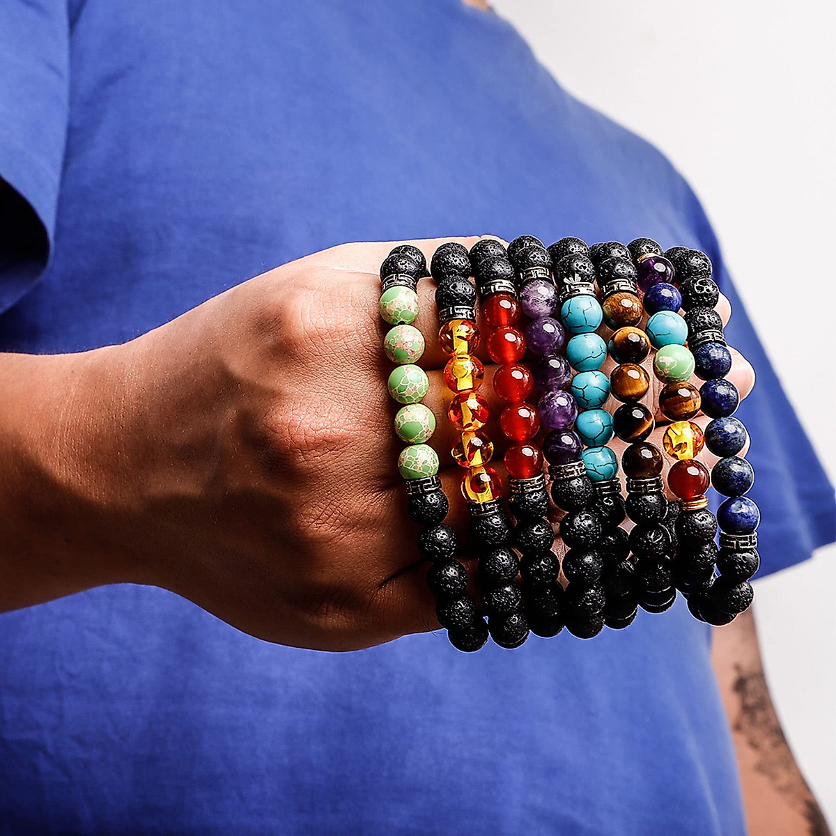 Eigso 7 Pcs Chakra Beaded Stone Bracelets for Women Men Unisex Buddhist Obistian Lava Rock Meditation Wristbands for Woman Man