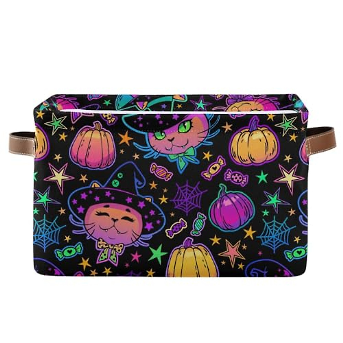 Halloween Black Cat Stars Storage Basket Bins Sturdy Toy Storage Organizer Bins Laundry Basket with Handles for Living Room Clothes Nursery Closet Shelf Playroom,1 pcs