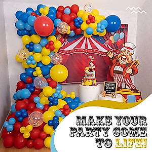 ALL-IN-1 Circus Balloons Arch Kit & Garland for Carnival Party Decorations Theme – Primary Color Balloons in Red Blue Yellow & Rainbow Confetti – Baby Shower Circus Birthday Party Supplies
