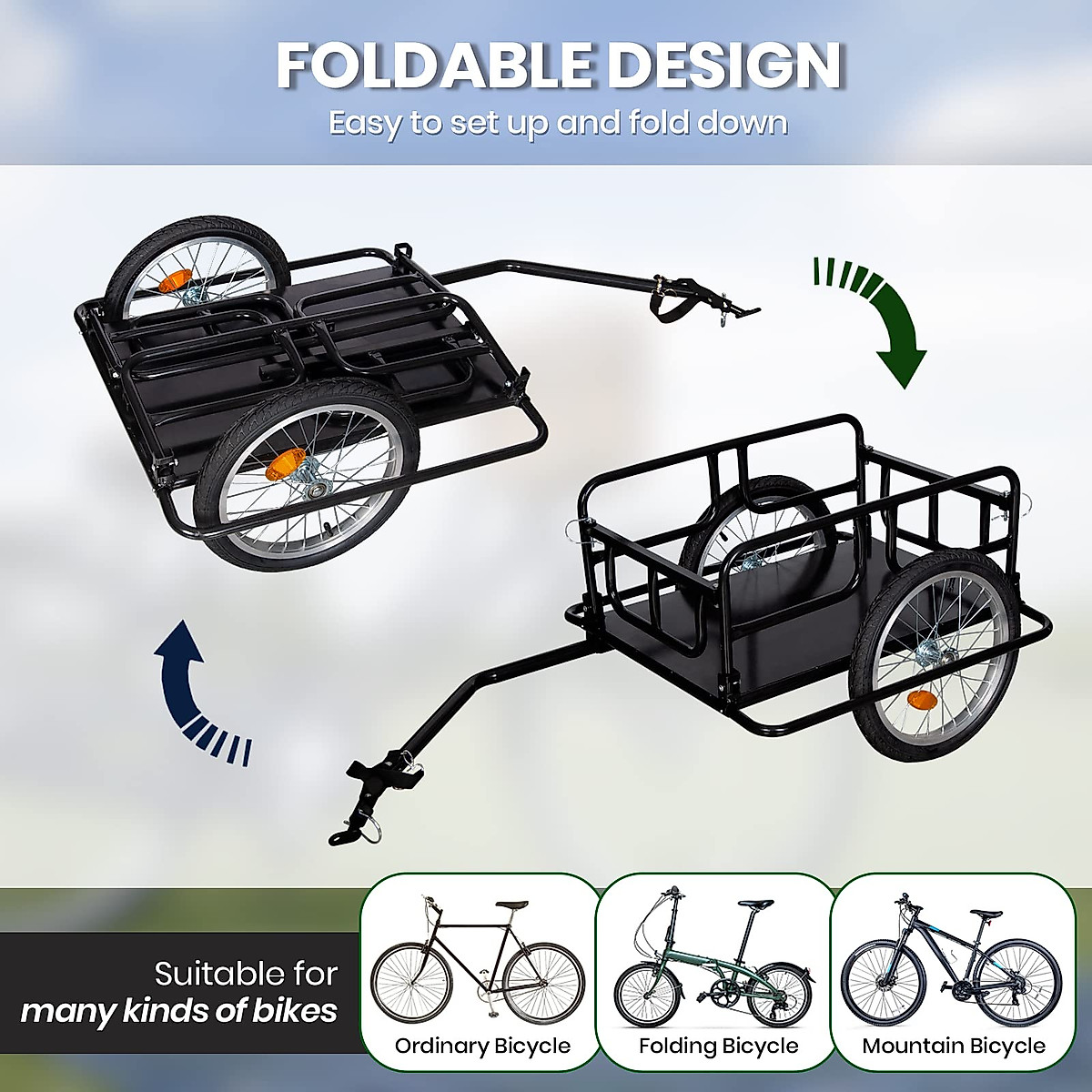 Polar Aurora Bike Cargo Trailer w/Universal Bicycle Coupler, 16'' Wheels, Foldable Bicycle Cart Wagon for Carrying Groceries, Luggage, Tools