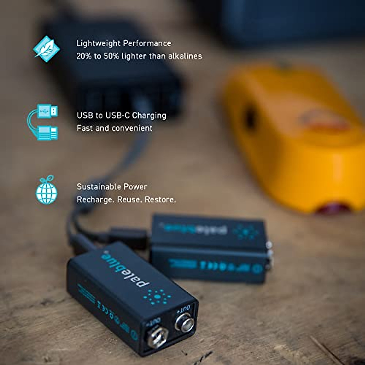 Rechargeable 9V Smart Batteries with USB Charger by Pale Blue, Lithium Ion 9 Volt 500 mAh, Charges Under 1 Hour, Over 1000 Cycles, 2-in-1 USB to Micro USB Charging Cable, LED Charge Indicator, 2-Pack