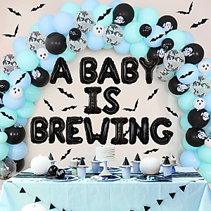 Halloween Baby Shower Decorations for Boy - A Baby is Brewing Blue Balloon Garland Arch Kit Ghost Bat Foil Balloon Baby Shower Pregnancy Announcement Gender Reveal Party Supplies