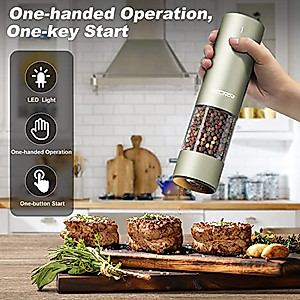 Electric Salt and Pepper Grinder Set - USB Rechargeable, Upgraded Capacity, Automatic One Hand Operation Salt and Pepper Mill Set with Led Light & Adjustable Coarseness Refillable - Sage