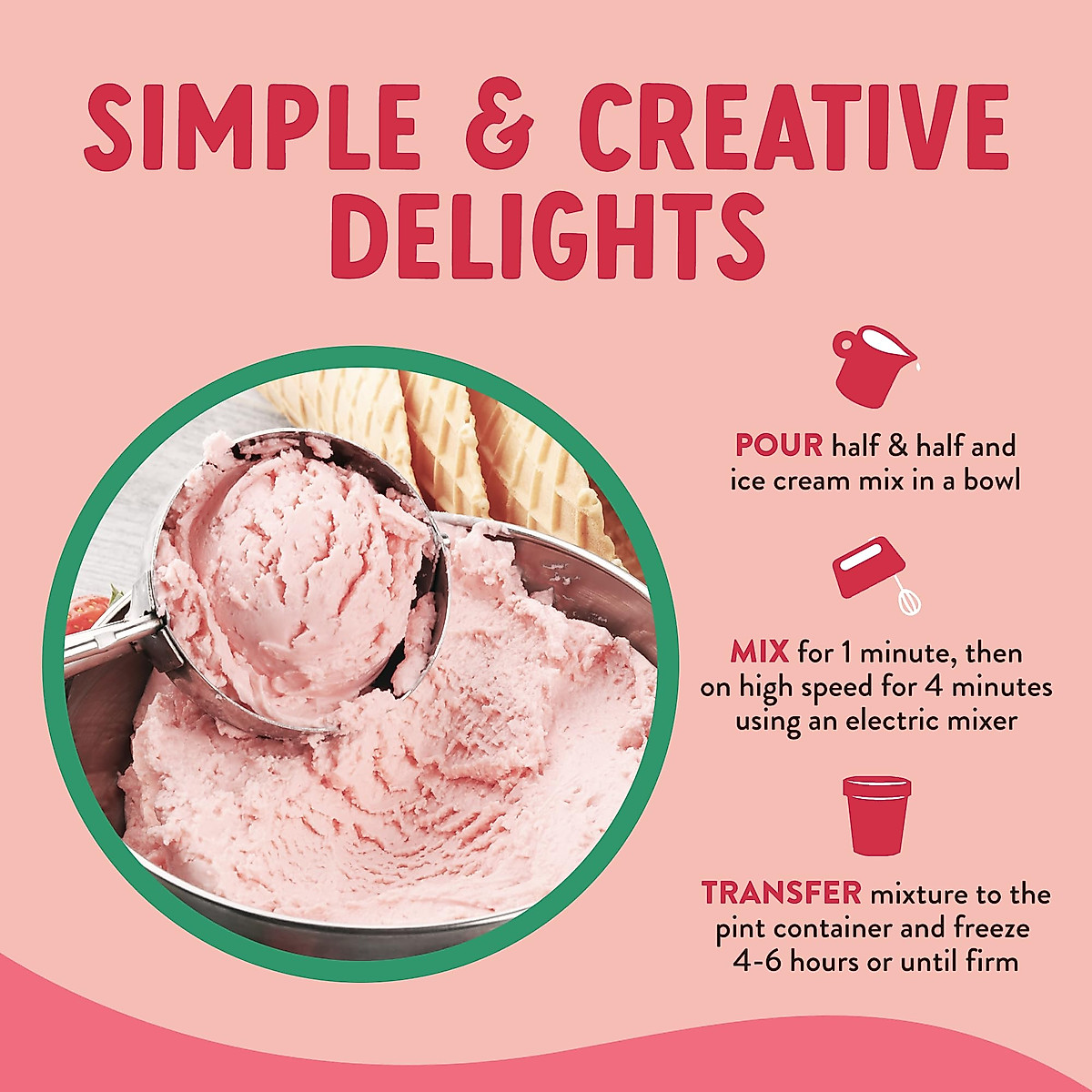 True Scoops 6-Pack Strawberry Ice Cream Mix. Makes 1 Pint of Premium, Homemade Ice Cream With an Electric Mixer. Made With Real Strawberries. Gluten-Free, Peanut-Free, and Kosher.