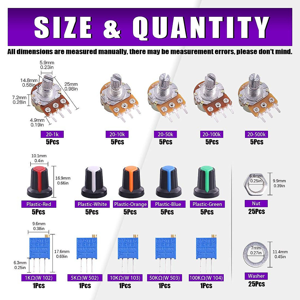 Swpeet 80Pcs 1K-500K Ohm Potentiometer Assortment Kit with 1Kohm -100Kohm Multiturn Trimmer, Knurled Shaft 3 Terminals Single Linear HighPrecision Variable Resistor with Nuts and Washers