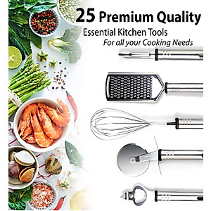 Kitchen Cooking Utensils Set Silicone with Stainless Steel handle Includes Cooking Spoon Spatula Tong Turner Whisk Ladle For Nonstick Cookware Dishwasher Safe BPA-Free