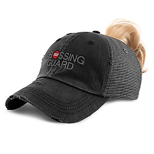 Speedy Pros Womens Ponytail Cap Stop Sign Crossing Guard Embroidery Cotton Distressed Trucker Hats Strap Closure Black Design Only