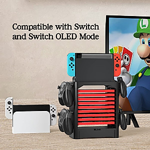 J&TOP Multifunctional Game Disk Storage Tower Holder Compatible with Nintendo Switch/OLED Console and Switch Pro Controllers