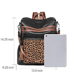 CLUCI Backpack Purse for Women Leather Fashion Travel Designer Large Ladies Shoulder Bags with Tassel Black with Leopard