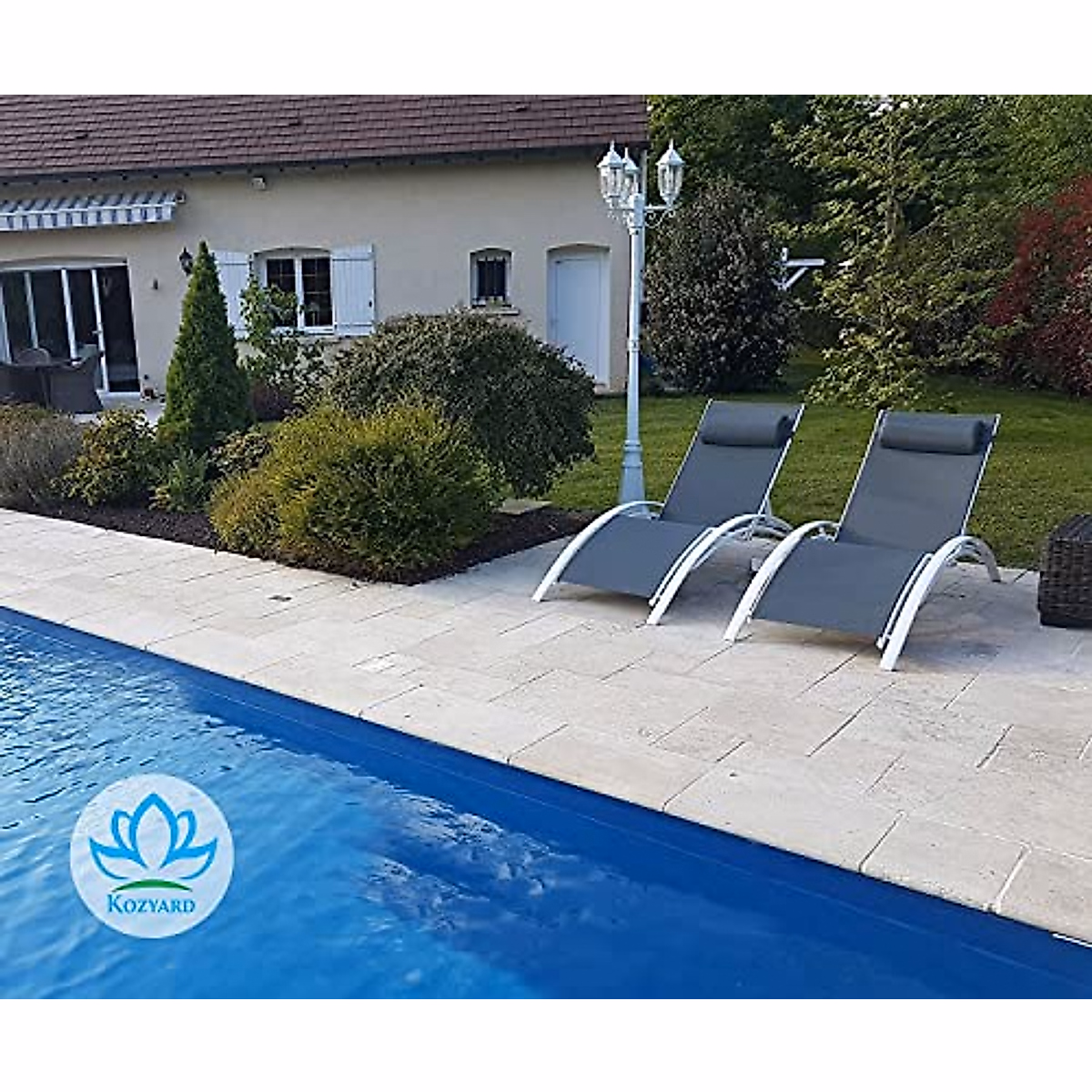 Kozyard KozyLounge Elegant Patio Reclining Adjustable Chaise Lounge Aluminum and Textilene Sunbathing Chair for All Weather with headrest (2 Pack), KD,Very Light